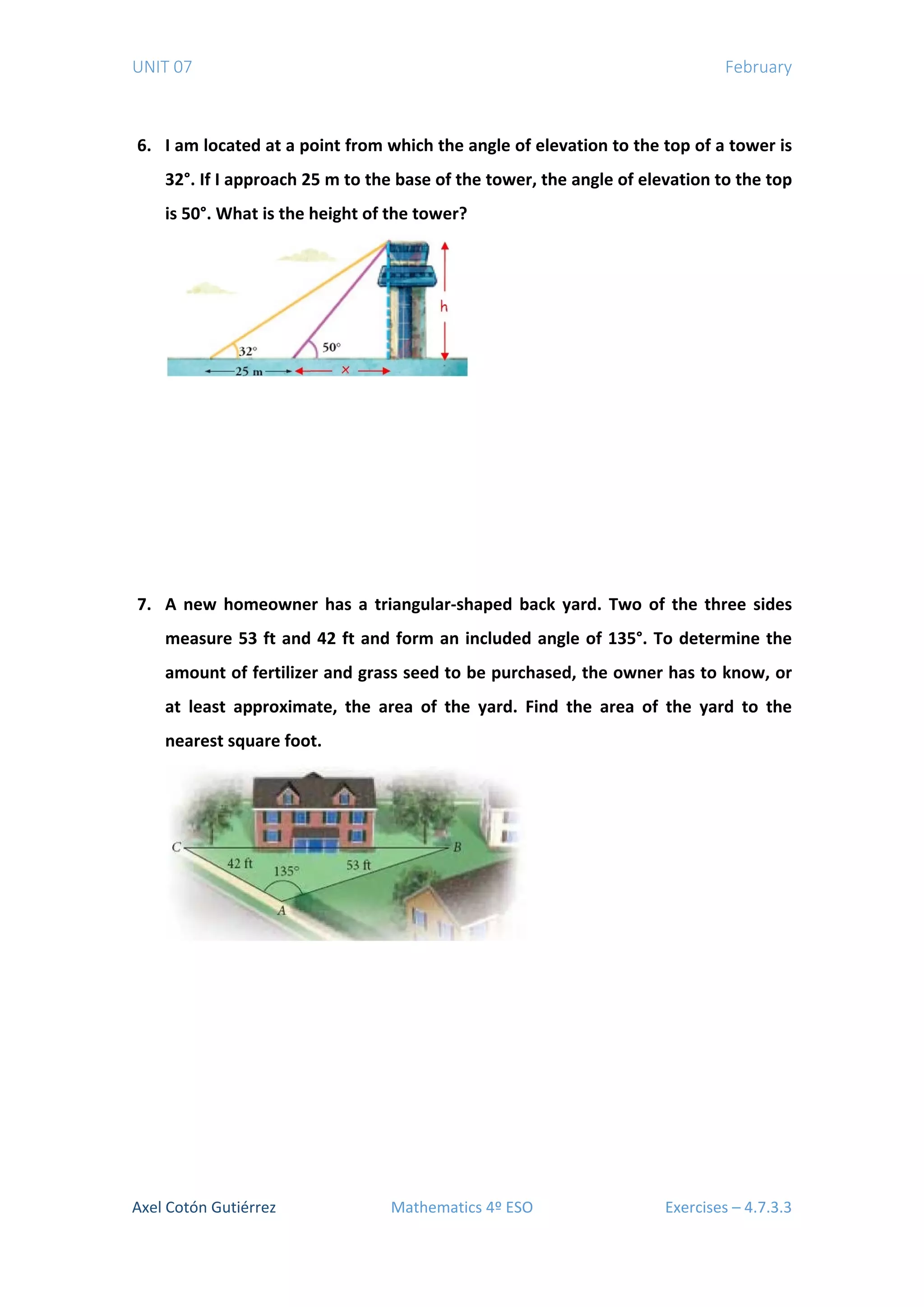 4 ESO Academics - Unit 07 - Exercises 4.7.3 - Solving Triangles. | PDF
