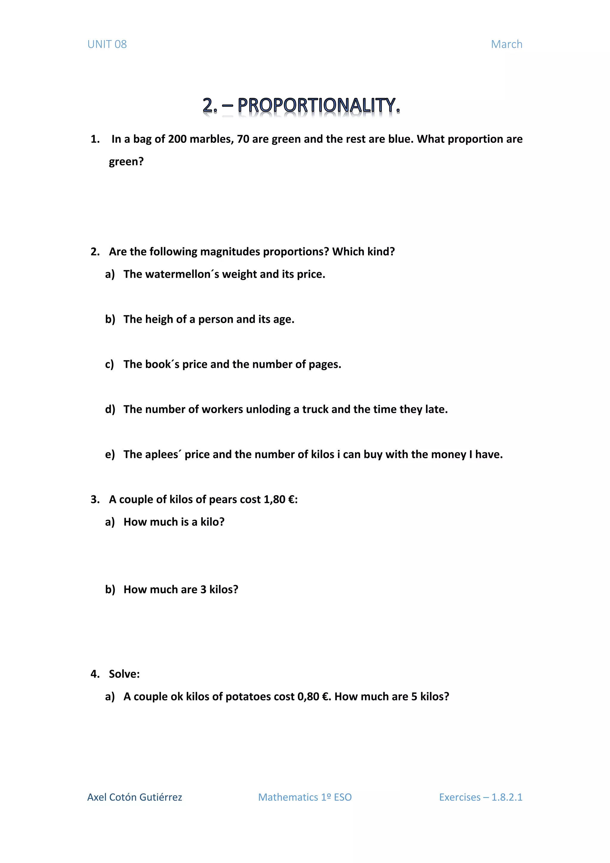 1 ESO - Unit 08 - Exercises 1.8.2 - Proportionality. | PDF