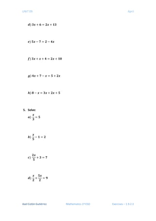 1 ESO - Unit 09 - Exercises 1.9.2 - Equations. | PDF