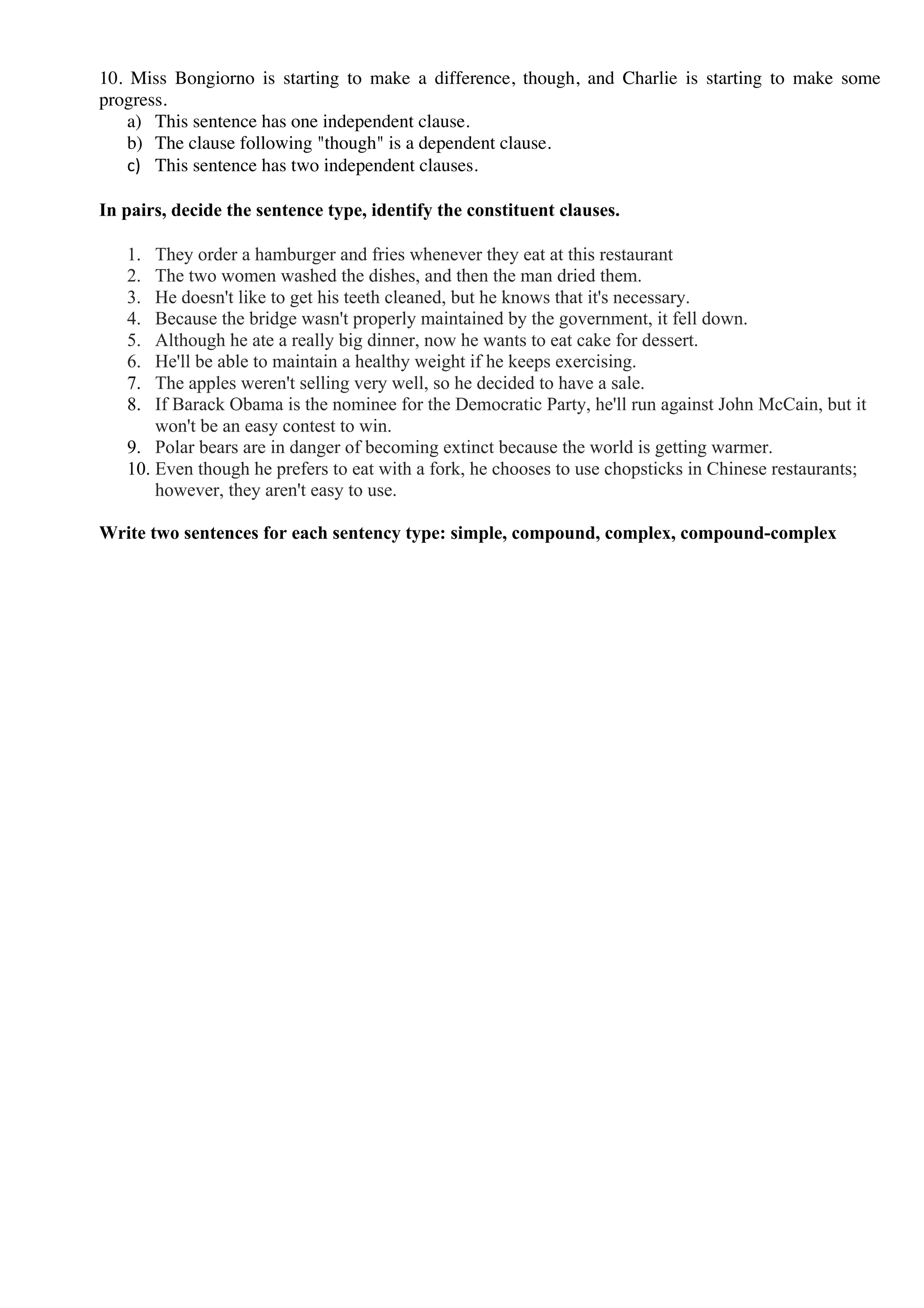 Exercise sentence, clause | PDF | Food & Drink