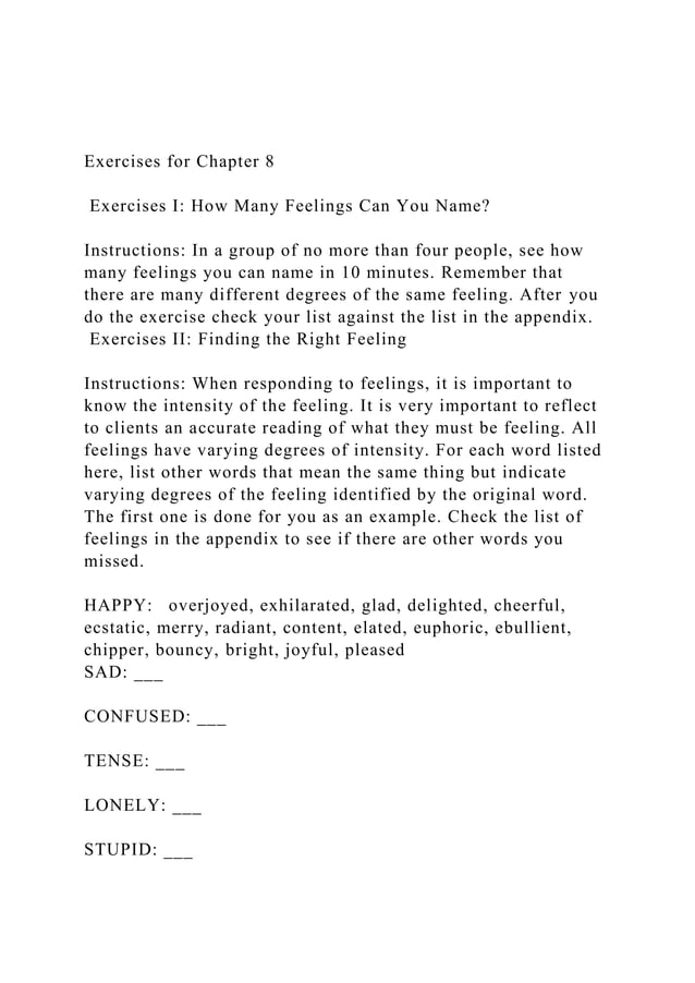 Exercises for Chapter 8 Exercises I How Many Feelings Can Y.docx | Family and Relationships