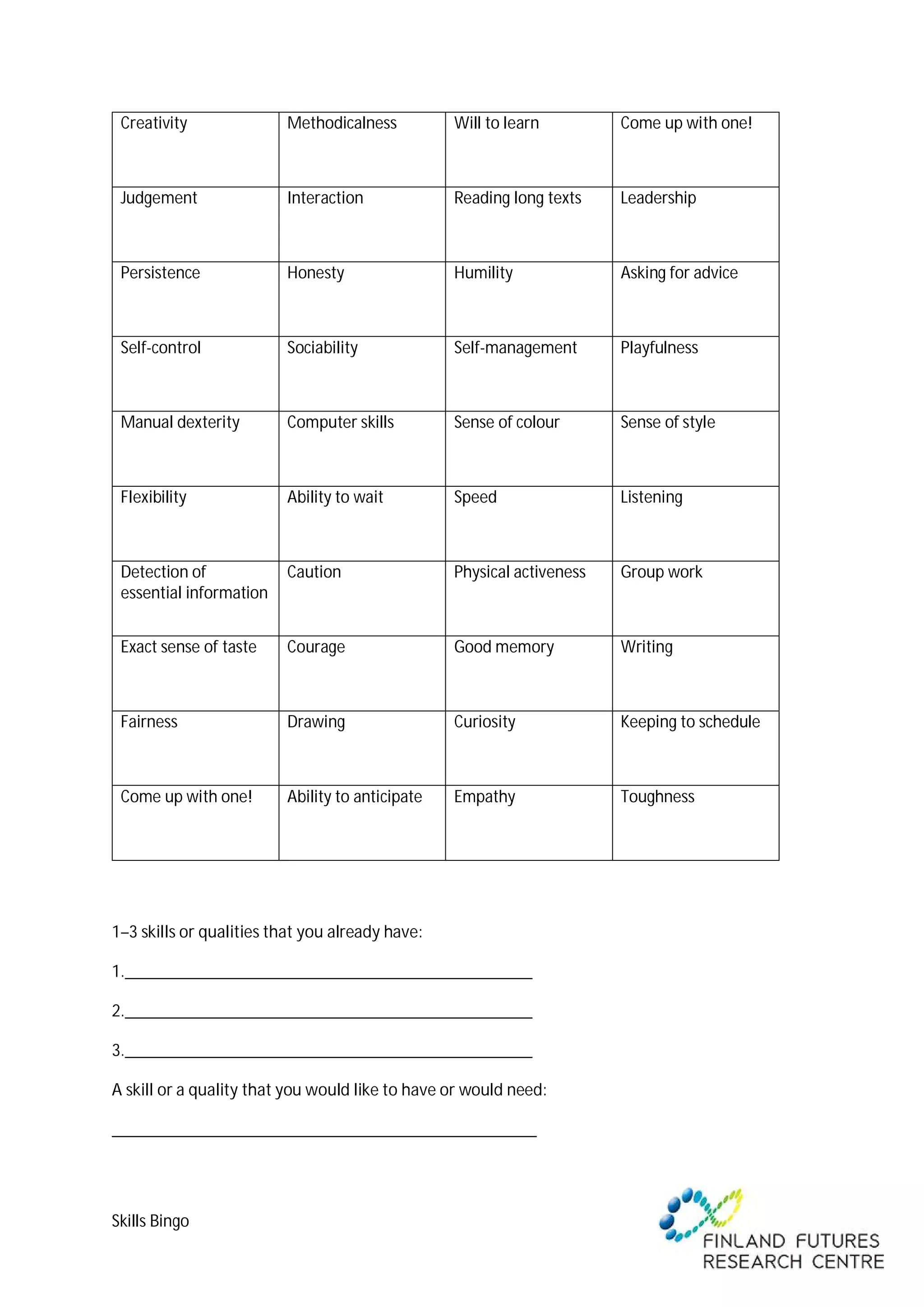 Exercise in Skills Bingo | PDF