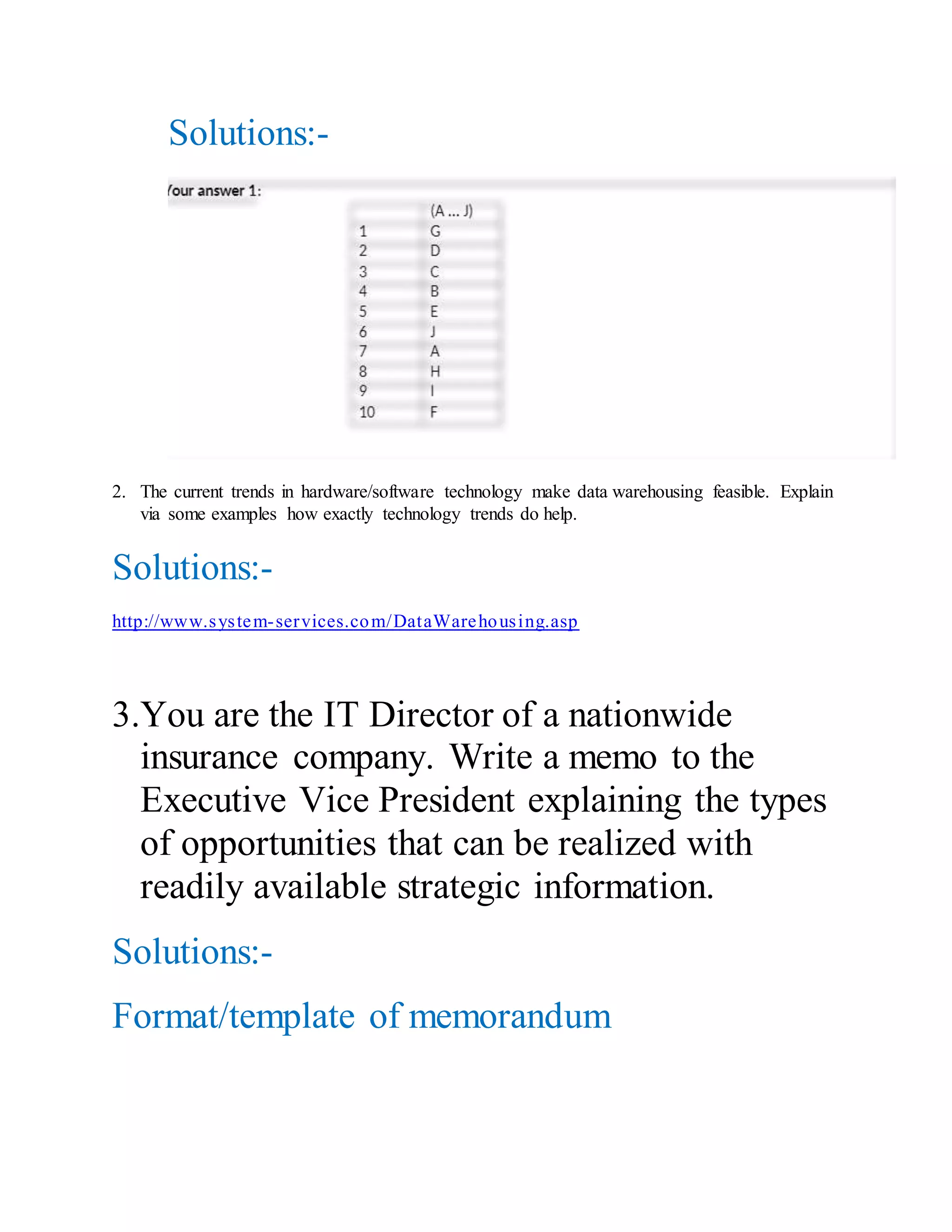 Exercise solution of chapter1 of datawarehouse cs614(solution of exercise) | DOCX