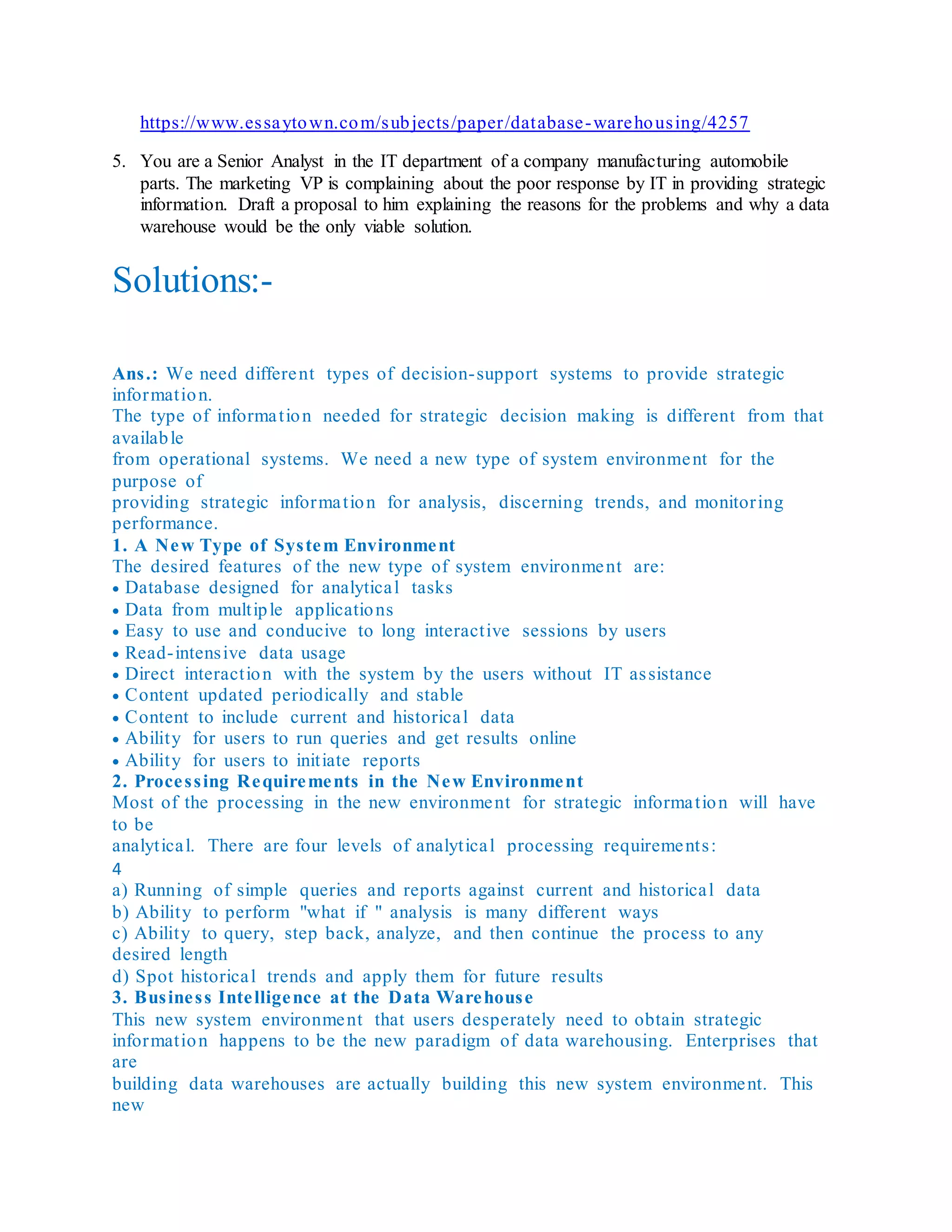 Exercise solution of chapter1 of datawarehouse cs614(solution of exercise) | DOCX
