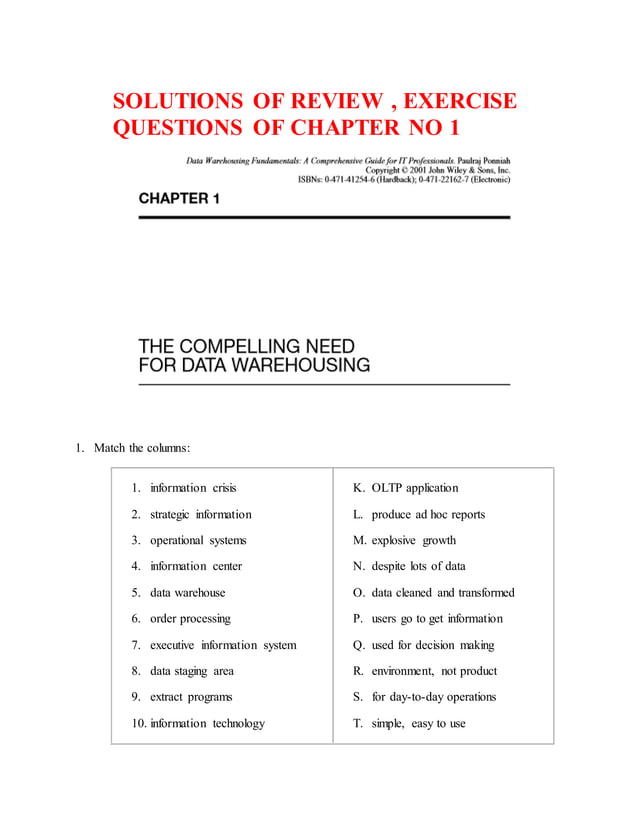 Exercise solution of chapter1 of datawarehouse cs614(solution of exercise) | DOCX | Databases ...