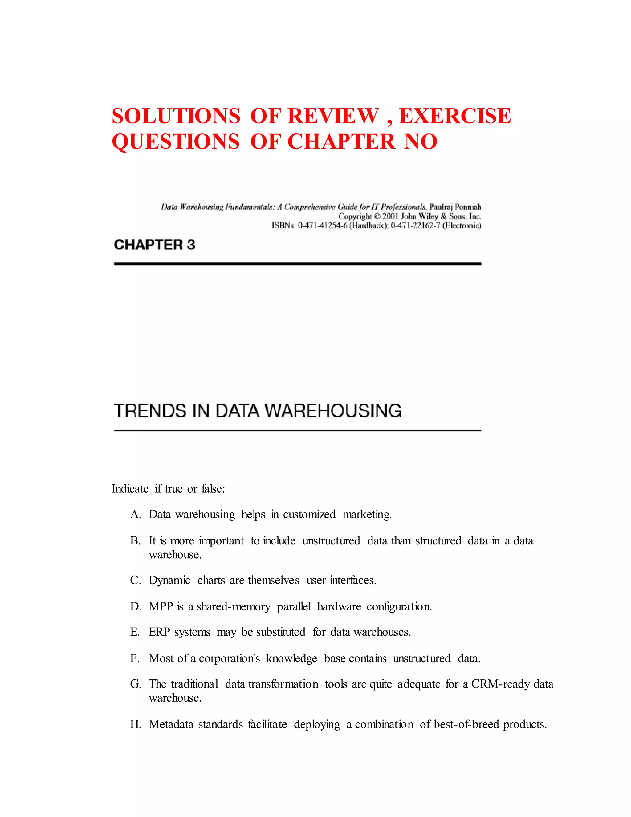 Exercise solution of chapter3 of datawarehouse cs614(solution of exercise) | PDF