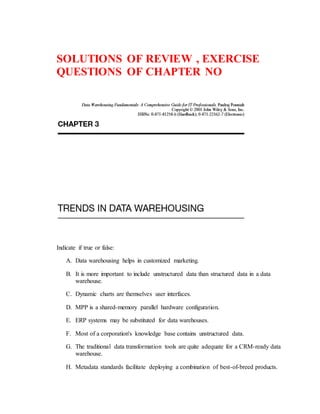 Exercise solution of chapter3 of datawarehouse cs614(solution of exercise) | PDF