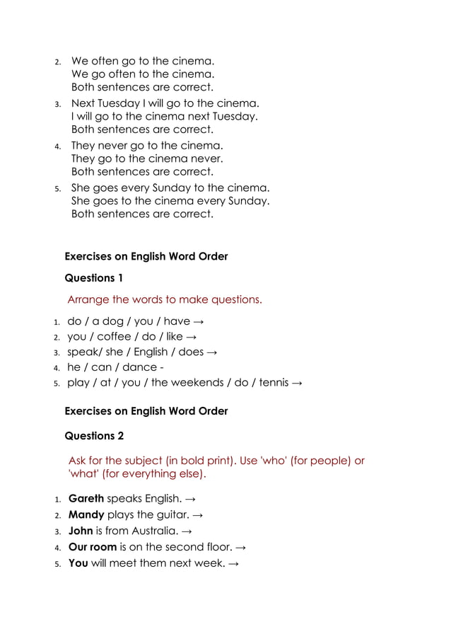 Exercises on english word order | PDF