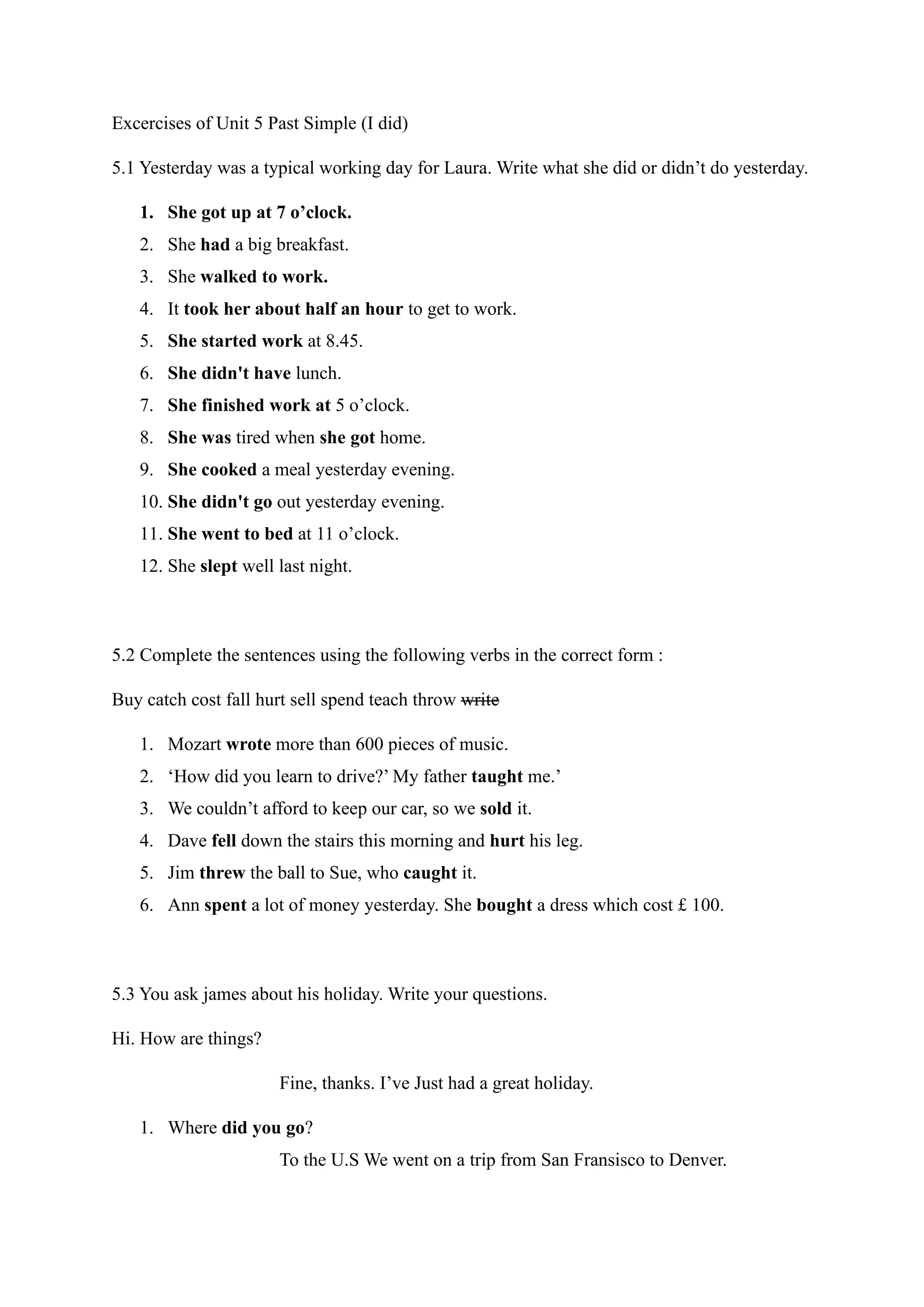 Exercises past simple (I did) | PDF