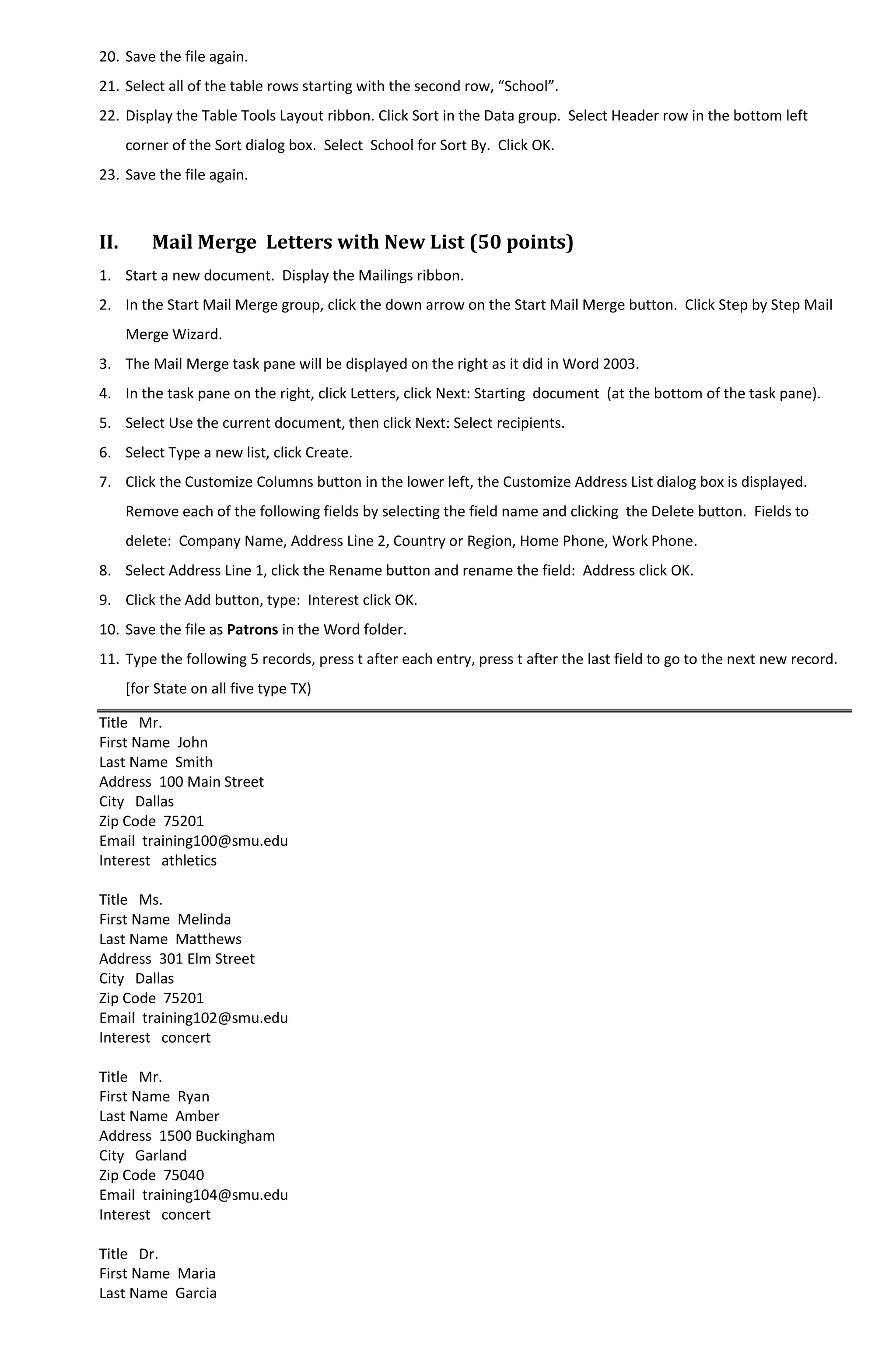 Exercise (t able and mail merge) | DOCX