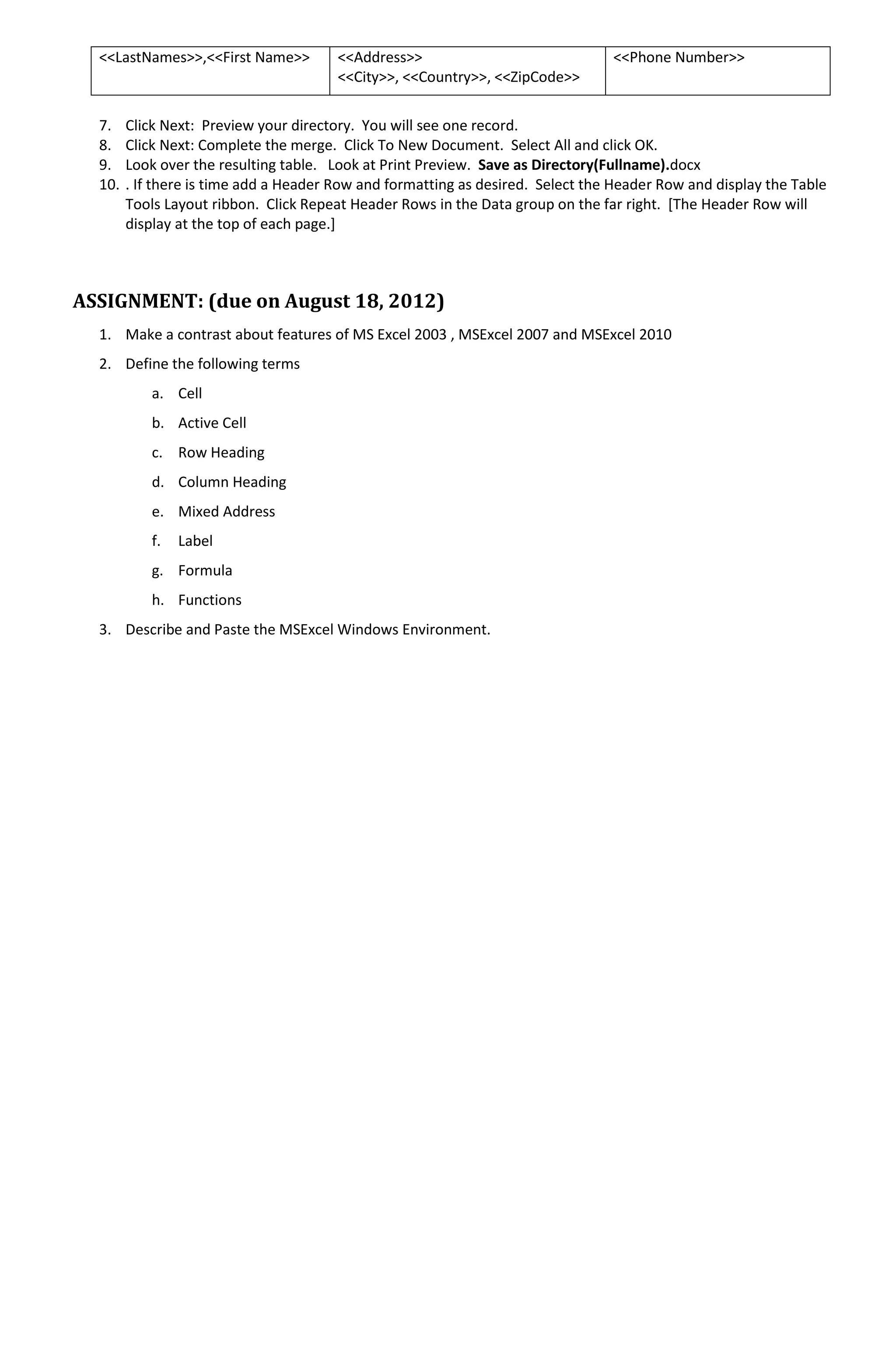 Exercise (t able and mail merge) | DOCX