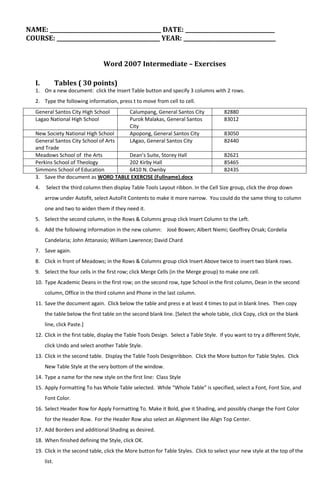 Exercise (t able and mail merge) | DOCX