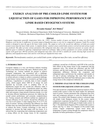 Exergy analysis of pre cooled linde system for liquefaction of gases for improving performance ...