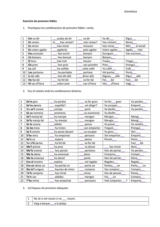 Pronoms febles. Exercicis | PDF