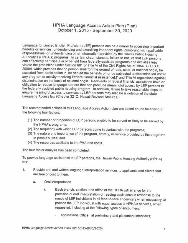 Hawaii Public Housing Authority Language Access Plan | PDF