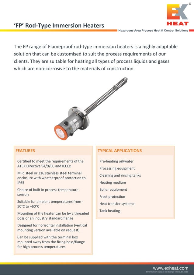 Exheat Flameproof Hazardous Area Industrial Immersion Heaters, Zone 1 ...