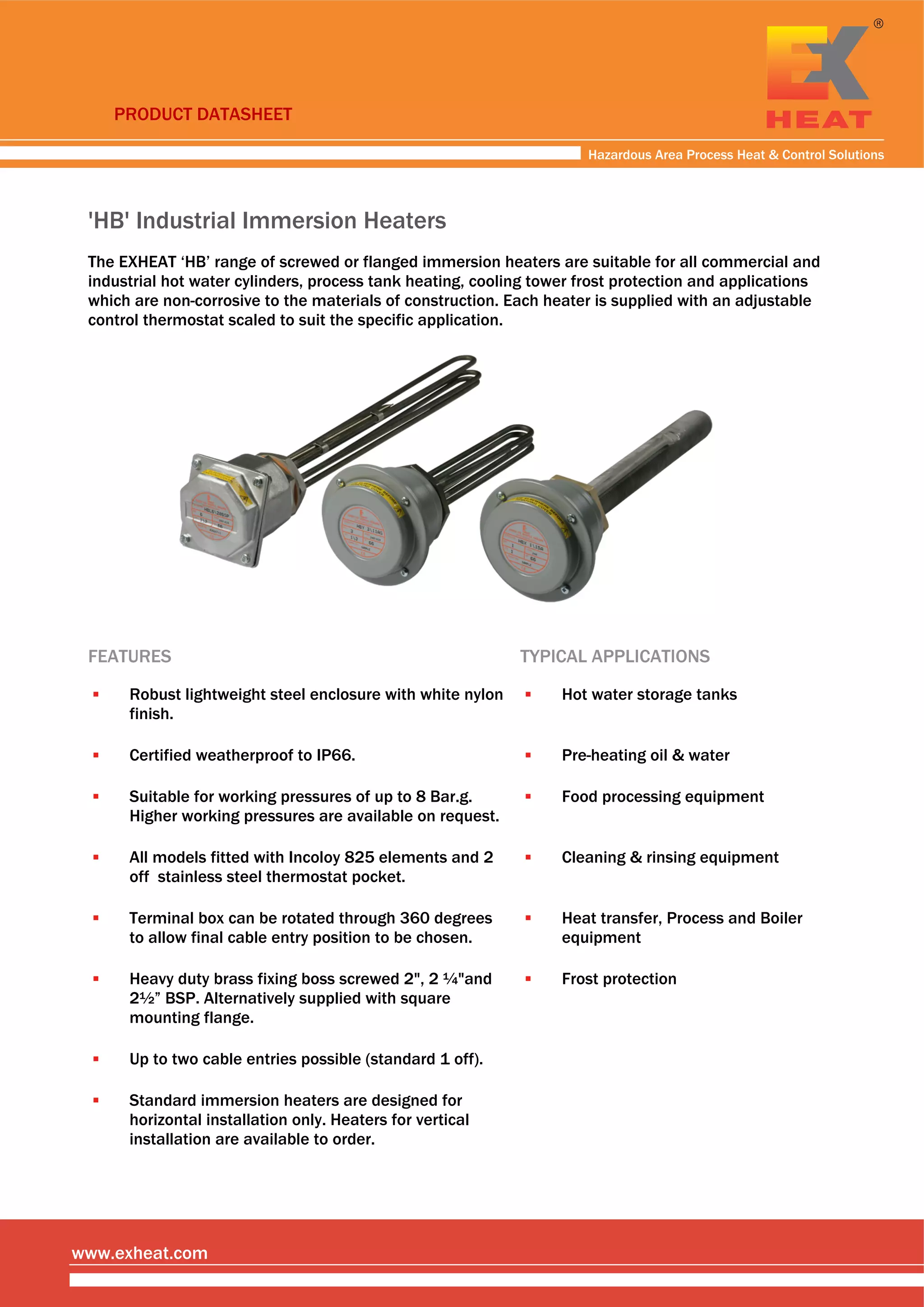 Exheat Flameproof Hazardous Area Industrial Immersion Heaters, Zone 1 ...