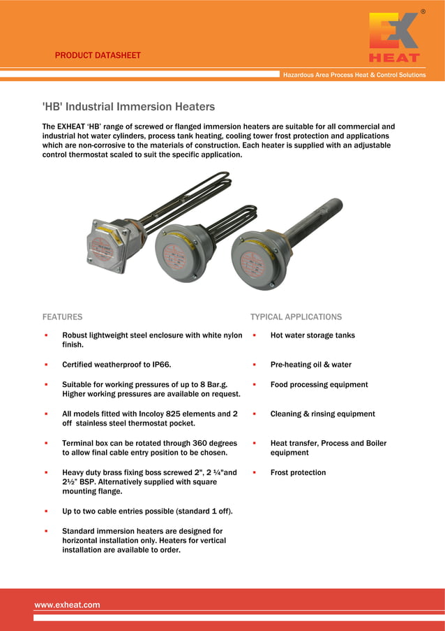 Exheat Flameproof Hazardous Area Industrial Immersion Heaters, Zone 1 & 2 HB Removable Core ...