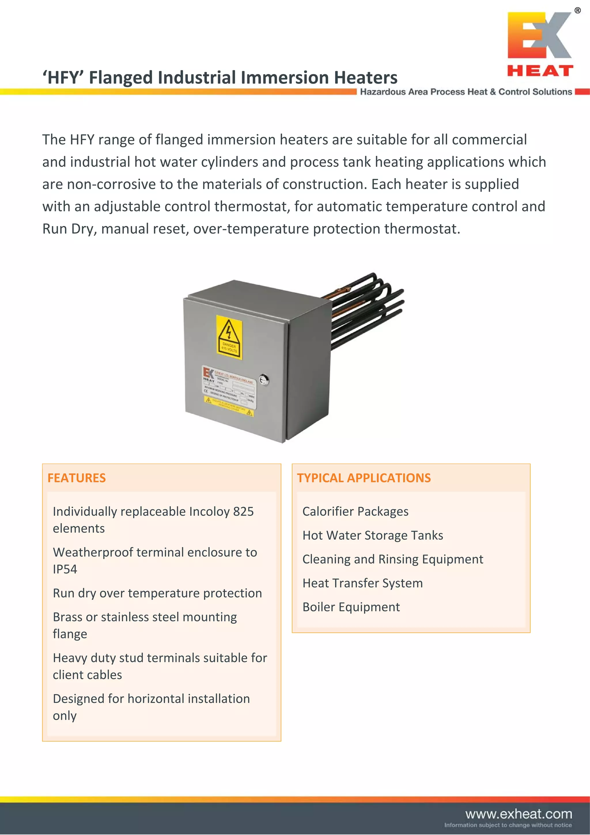 Exheat Flameproof Hazardous Area Industrial Immersion Heaters, Zone 1 & 2 HFY Flanged Immersion ...