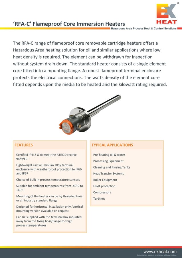 Exheat Flameproof Hazardous Area Industrial Immersion Heaters, Zone 1 ...