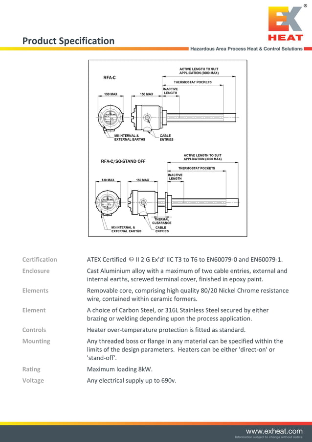 Exheat Flameproof Hazardous Area Industrial Immersion Heaters, Zone 1 & 2 RFA-C Removable Core ...