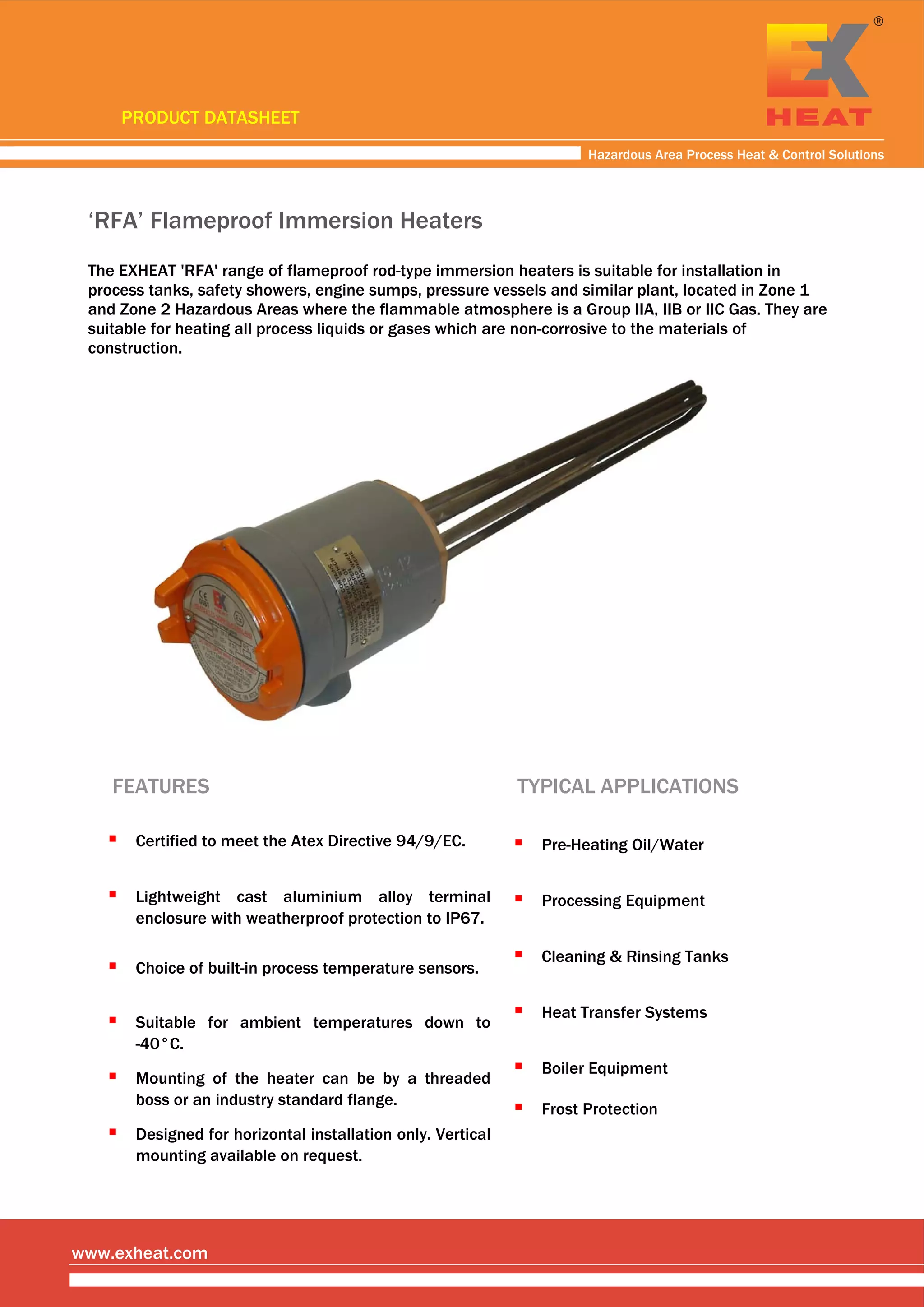 Exheat Flameproof Hazardous Area Industrial Immersion Heaters, Zone 1 & 2 RFA Rod Immersion ...