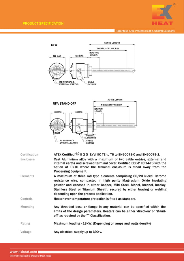 Exheat Flameproof Hazardous Area Industrial Immersion Heaters, Zone 1 & 2 RFA Rod Immersion ...