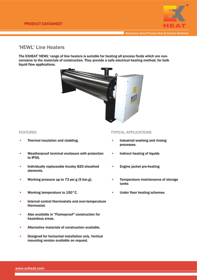 Exheat HEWL Hazardous Area Flameproof Line Heater Atex Zone 1 & Zone 2 ...