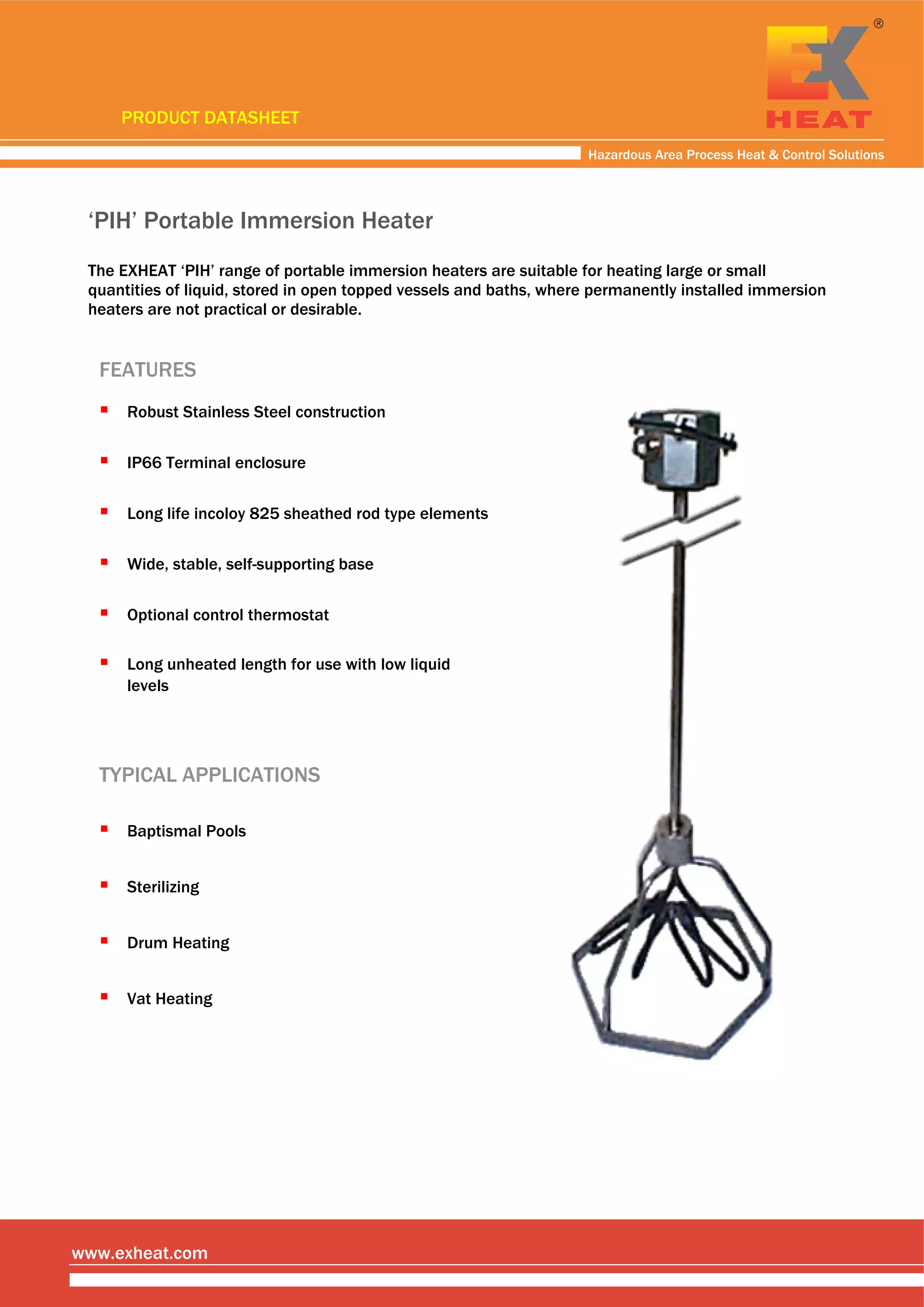 Exheat PIH Portable Baptistery Immersion Heaters Water Pool Heating ...