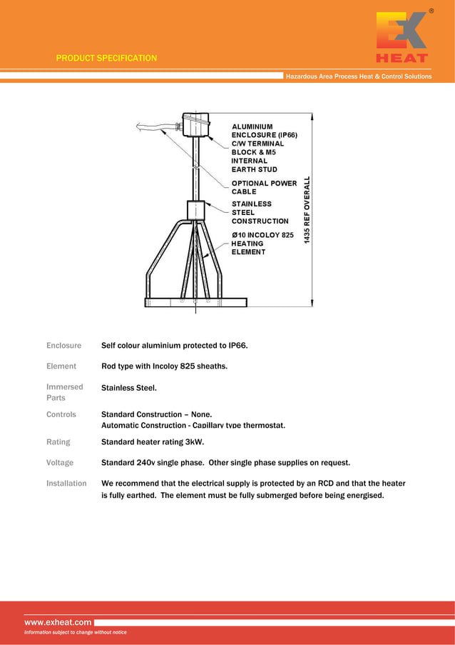 Exheat PIH Portable Baptistery Immersion Heaters Water Pool Heating - Spec Sheet | PDF