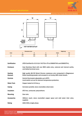 Exheat RFA OS Hazardous Area Flameproof Over Sink Water Heaters - Atex Zone 1 & Zone 2 - Spec ...