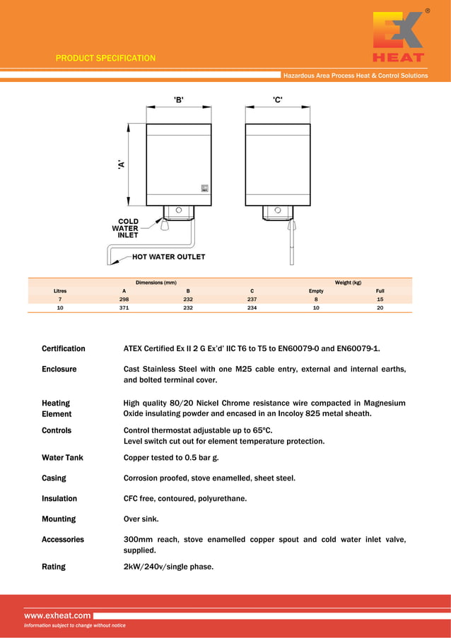 Exheat RFA OS Hazardous Area Flameproof Over Sink Water Heaters - Atex ...