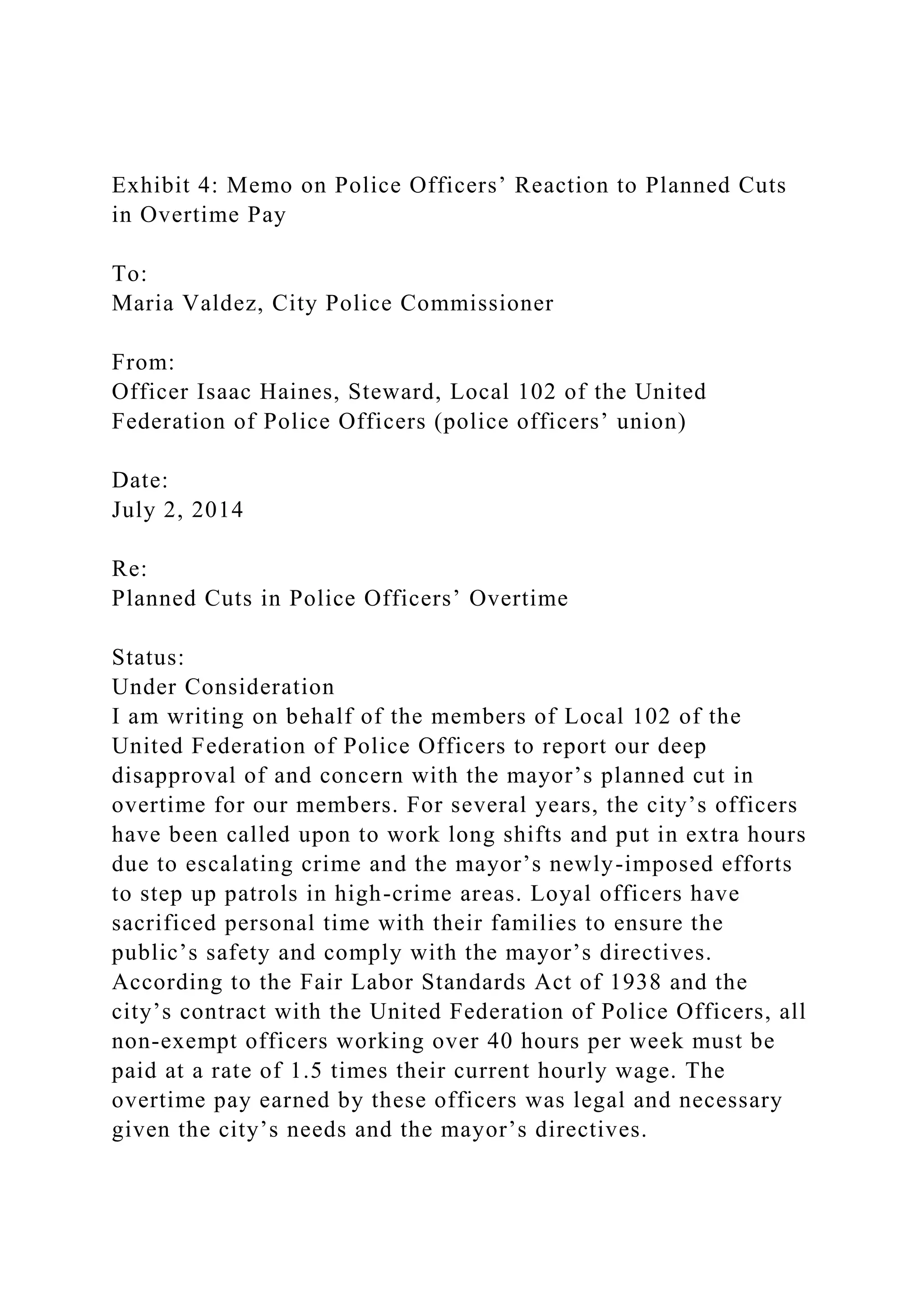 Exhibit 4 Memo on Police Officers’ Reaction to Planned Cuts in Ov.docx