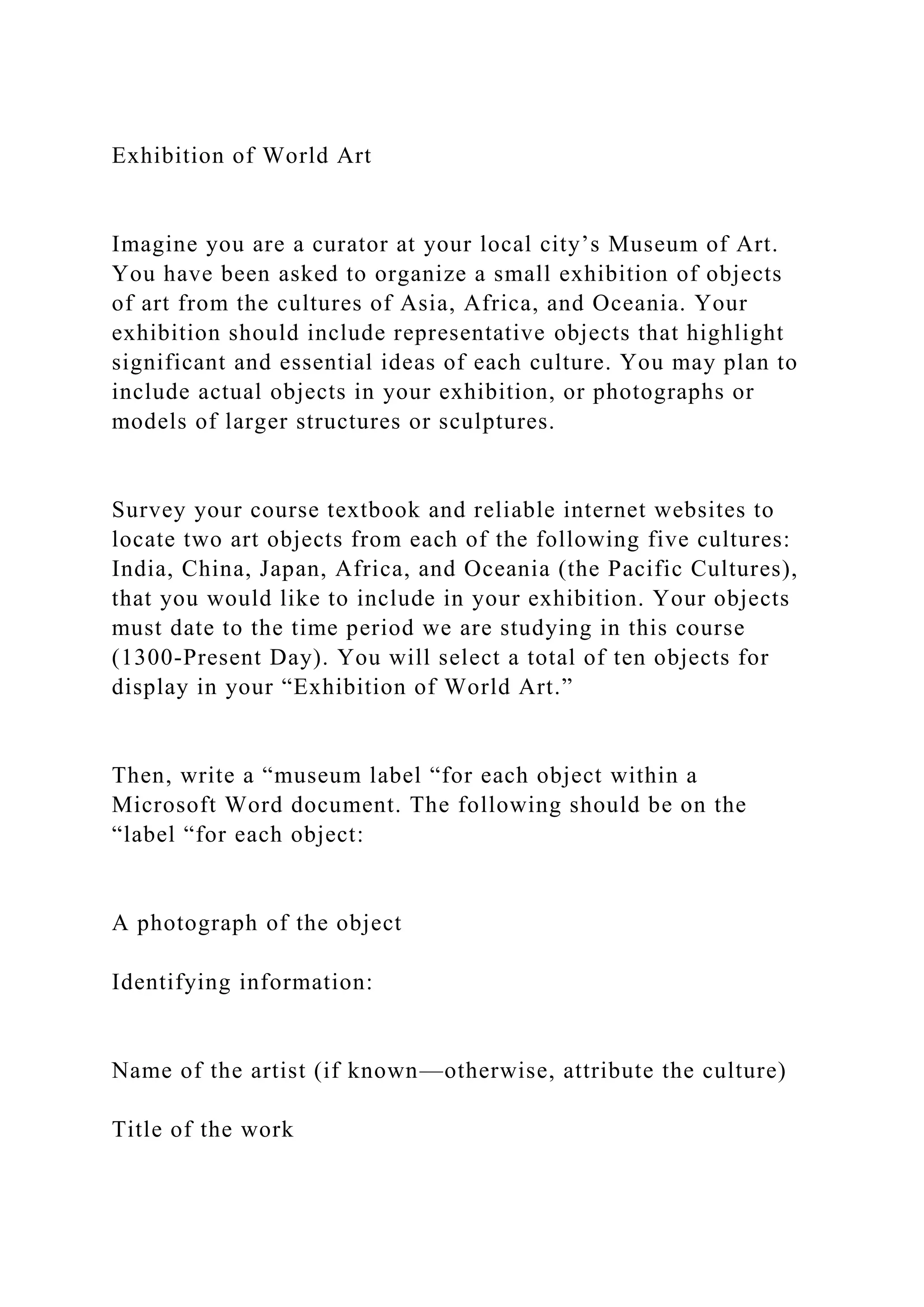 Exhibition of World ArtImagine you are a curator at your local | DOCX