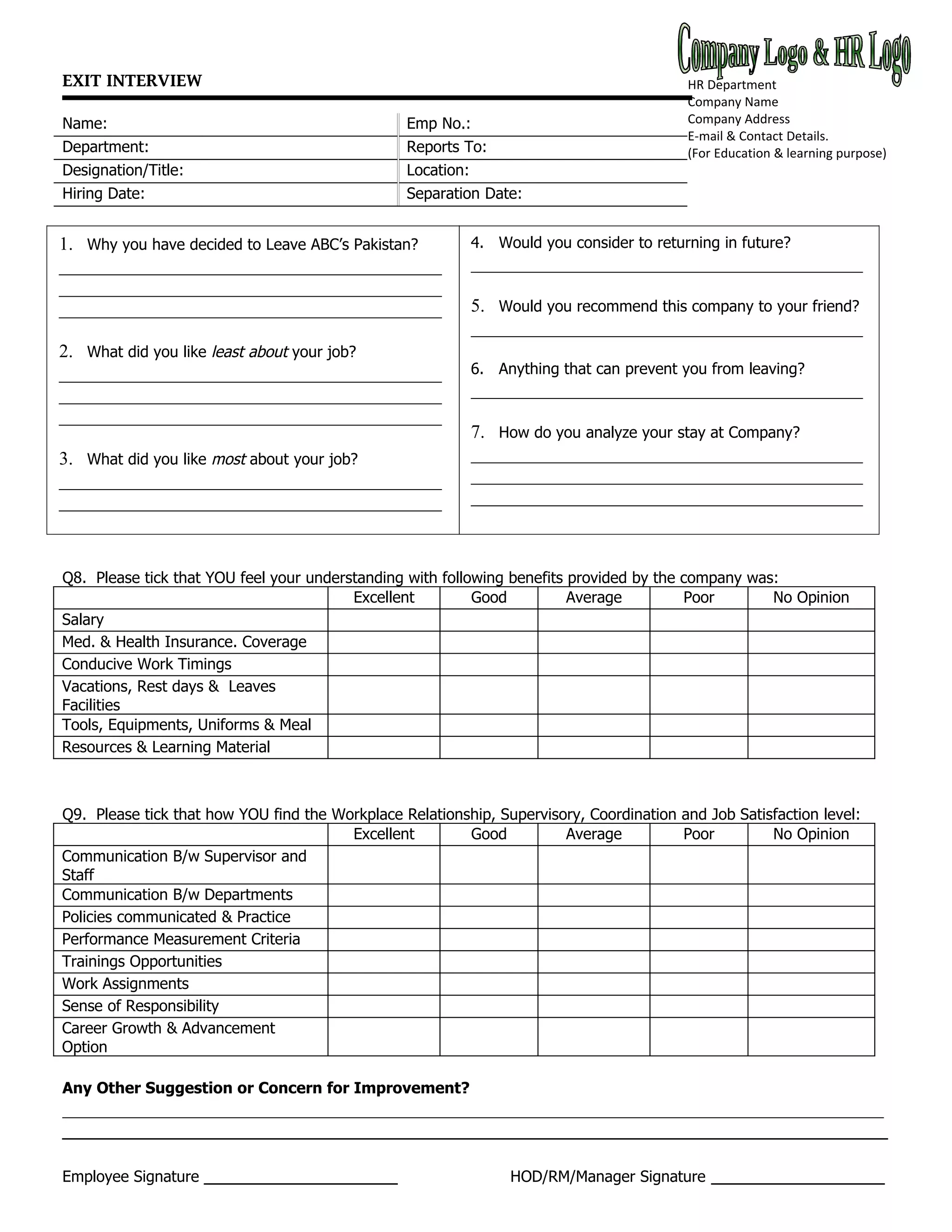 Exit interview form by zeeshan moiez ali | DOC