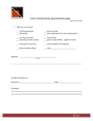 Exit interview questionnaire | DOC