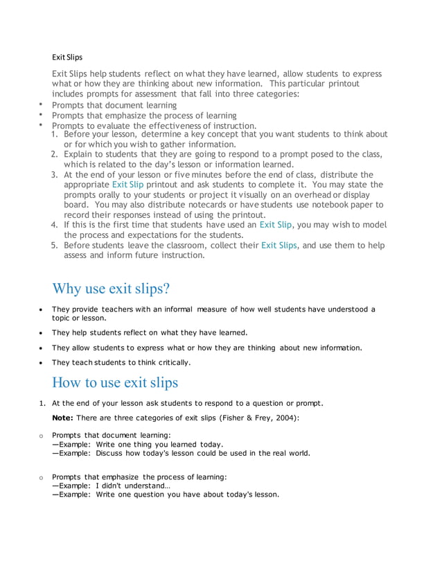 Exit slips | DOCX | Educational Assessment | Education