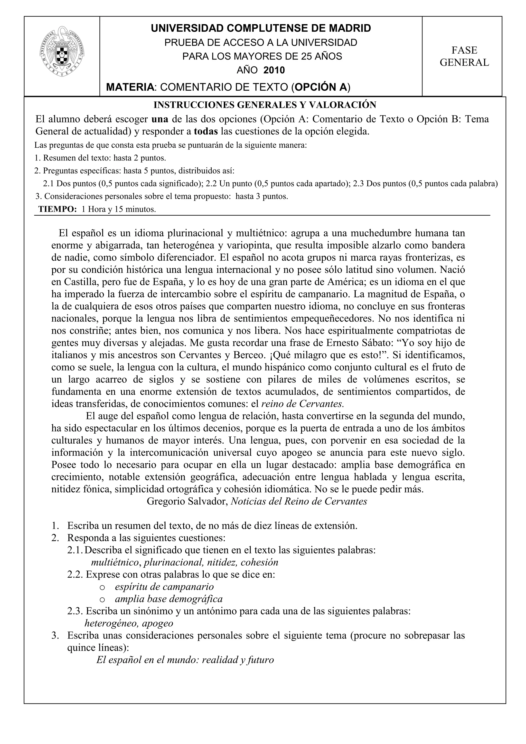 Exámen comentario de texto | PDF