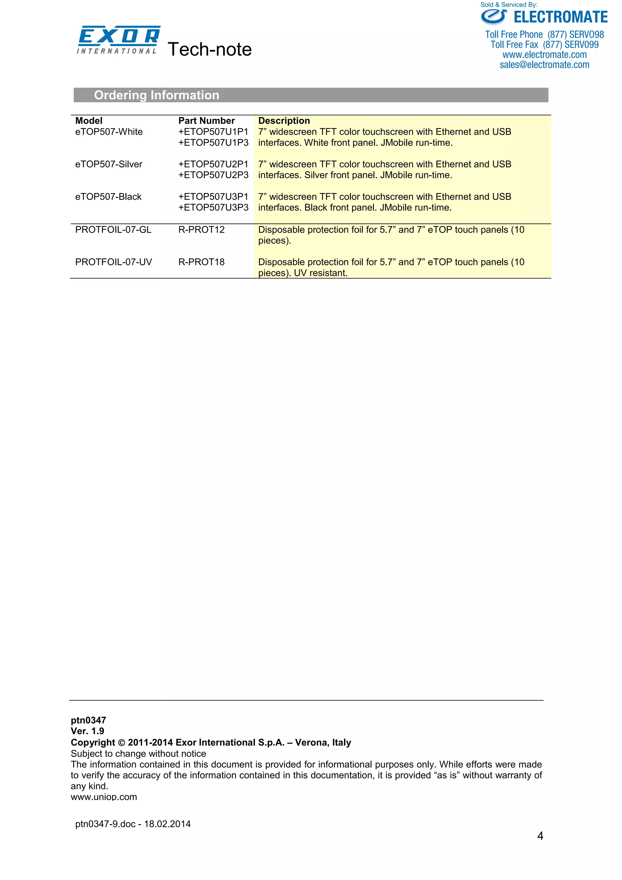 Exor e top507_specsheet | PDF