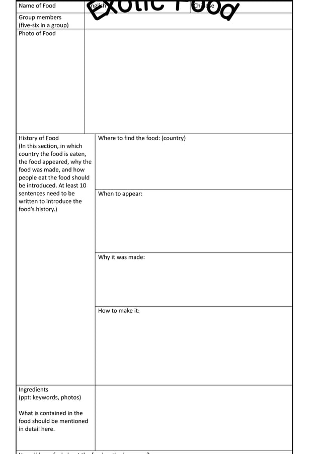 Exotic food worksheet | DOC