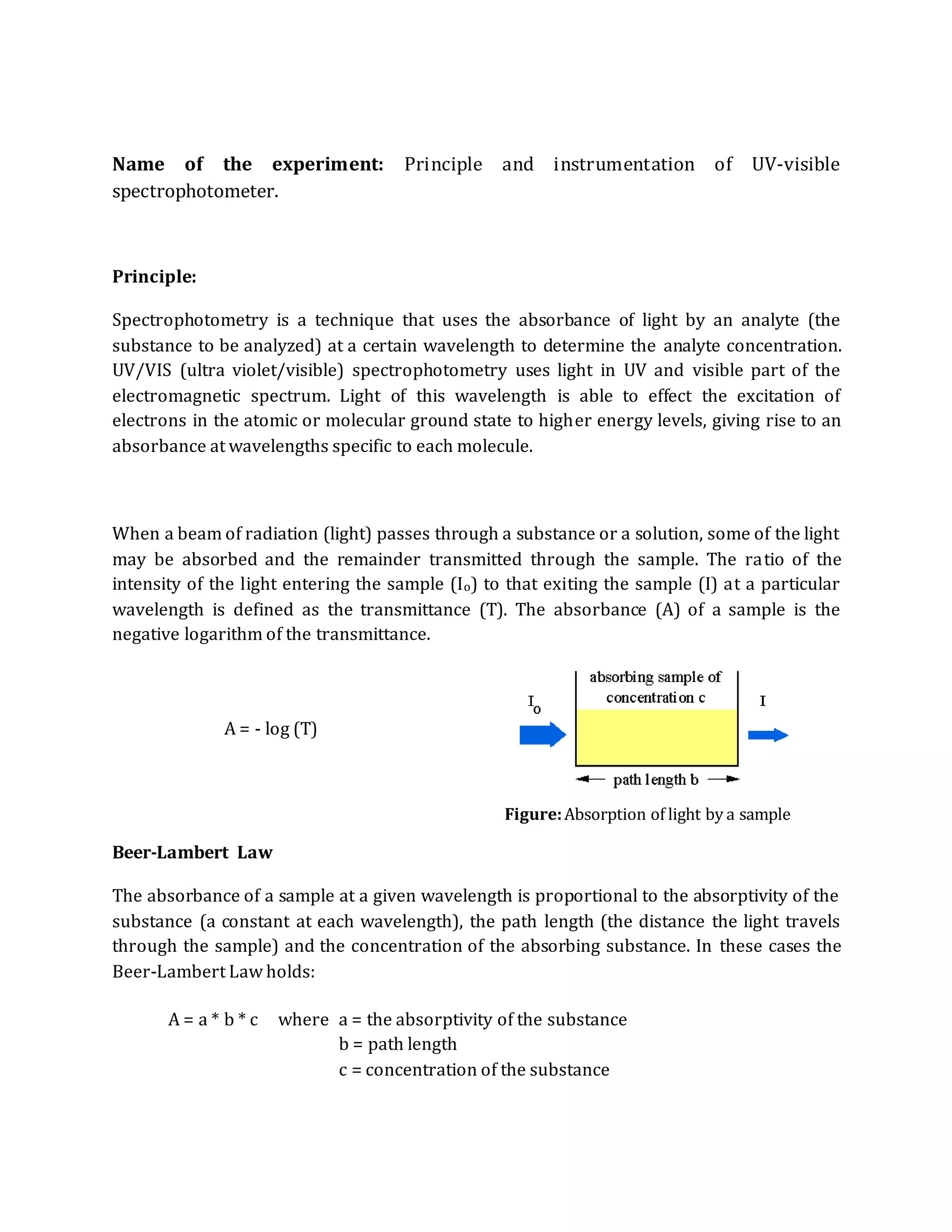Principle and instrumentation of UV-visible spectrophotometer. | DOCX