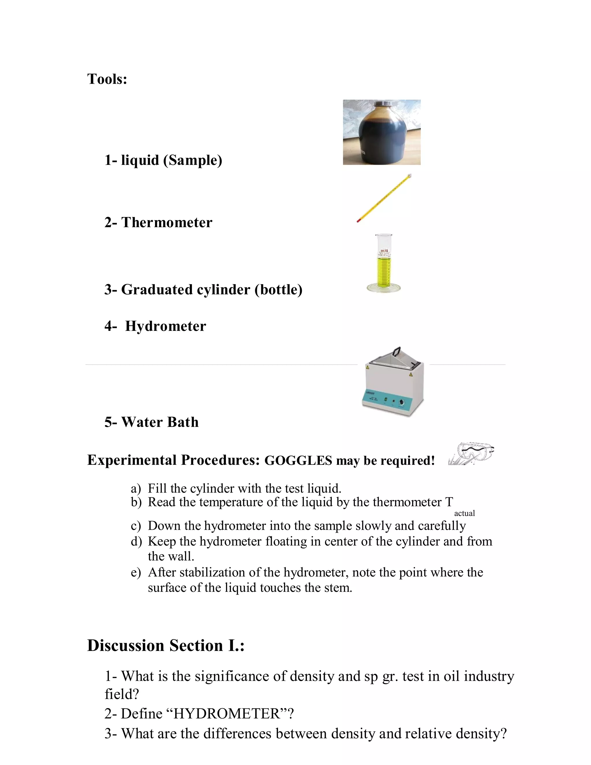 Exp. no.1 density and specific gravity by hydrometer and weight | PDF