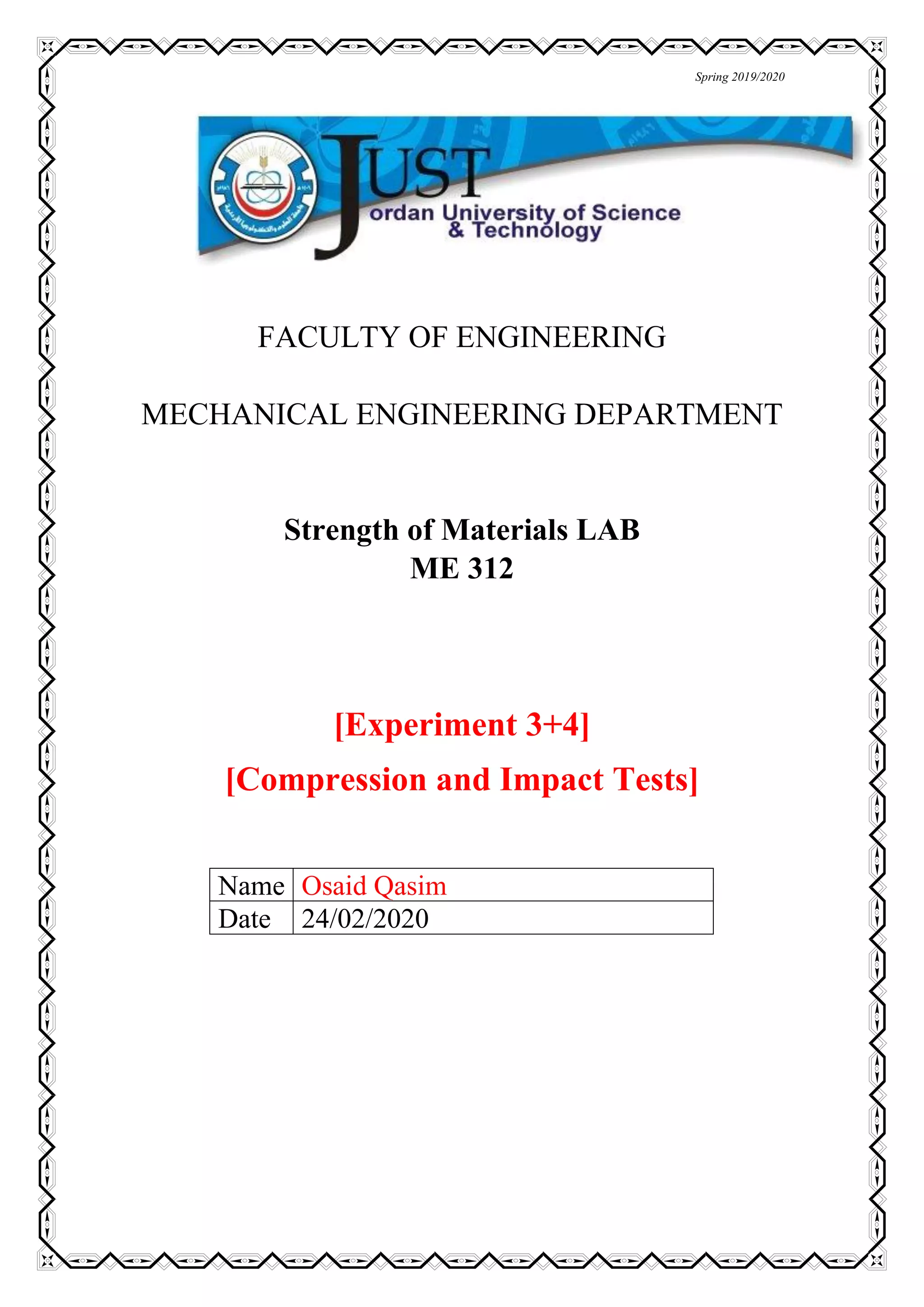 Strength of material lab, Exp 3&4: Compression and impact tests | PDF