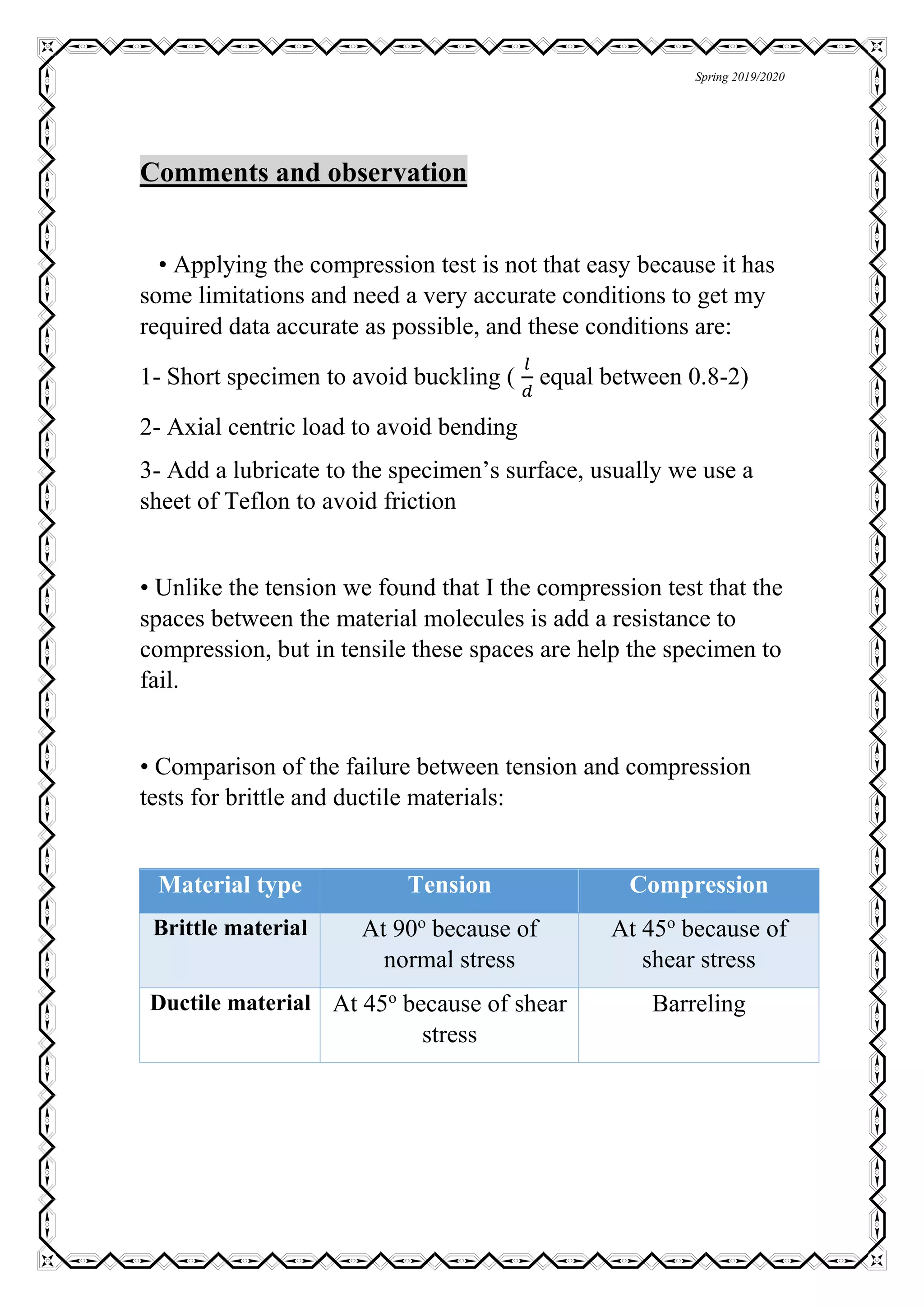 Strength of material lab, Exp 3&4: Compression and impact tests | PDF