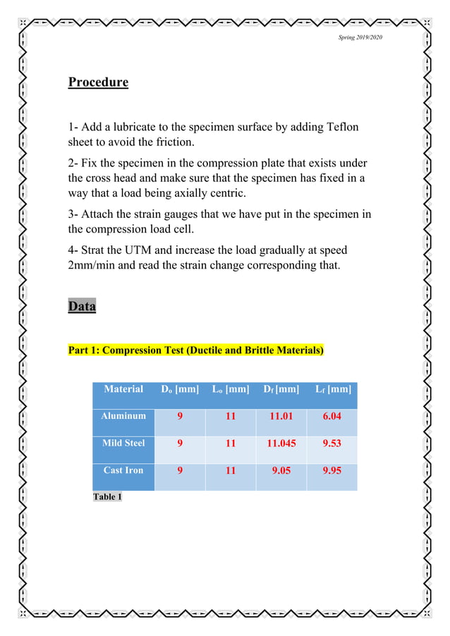 Strength of material lab, Exp 3&4: Compression and impact tests | PDF