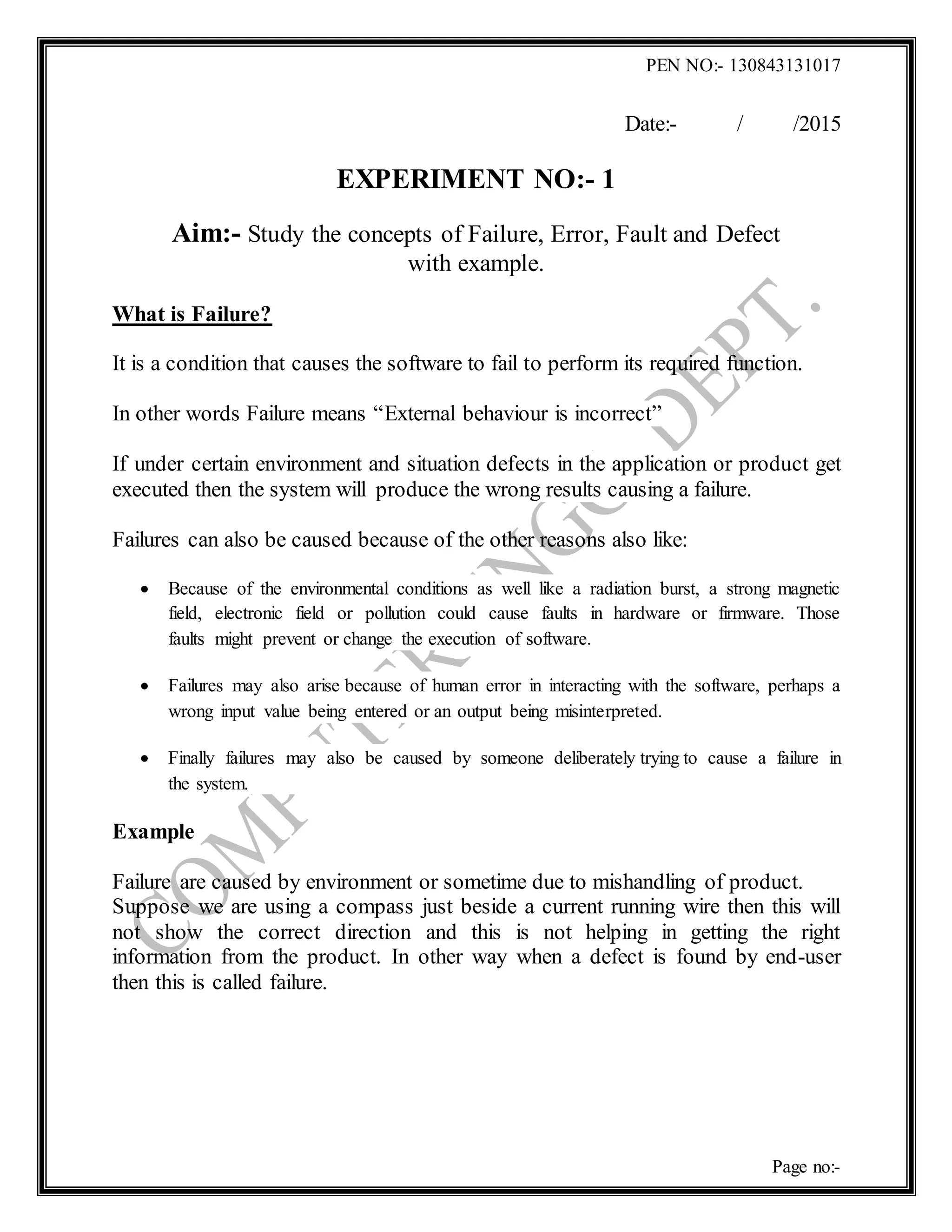 Concept of Failure, error, fault and defect | DOCX