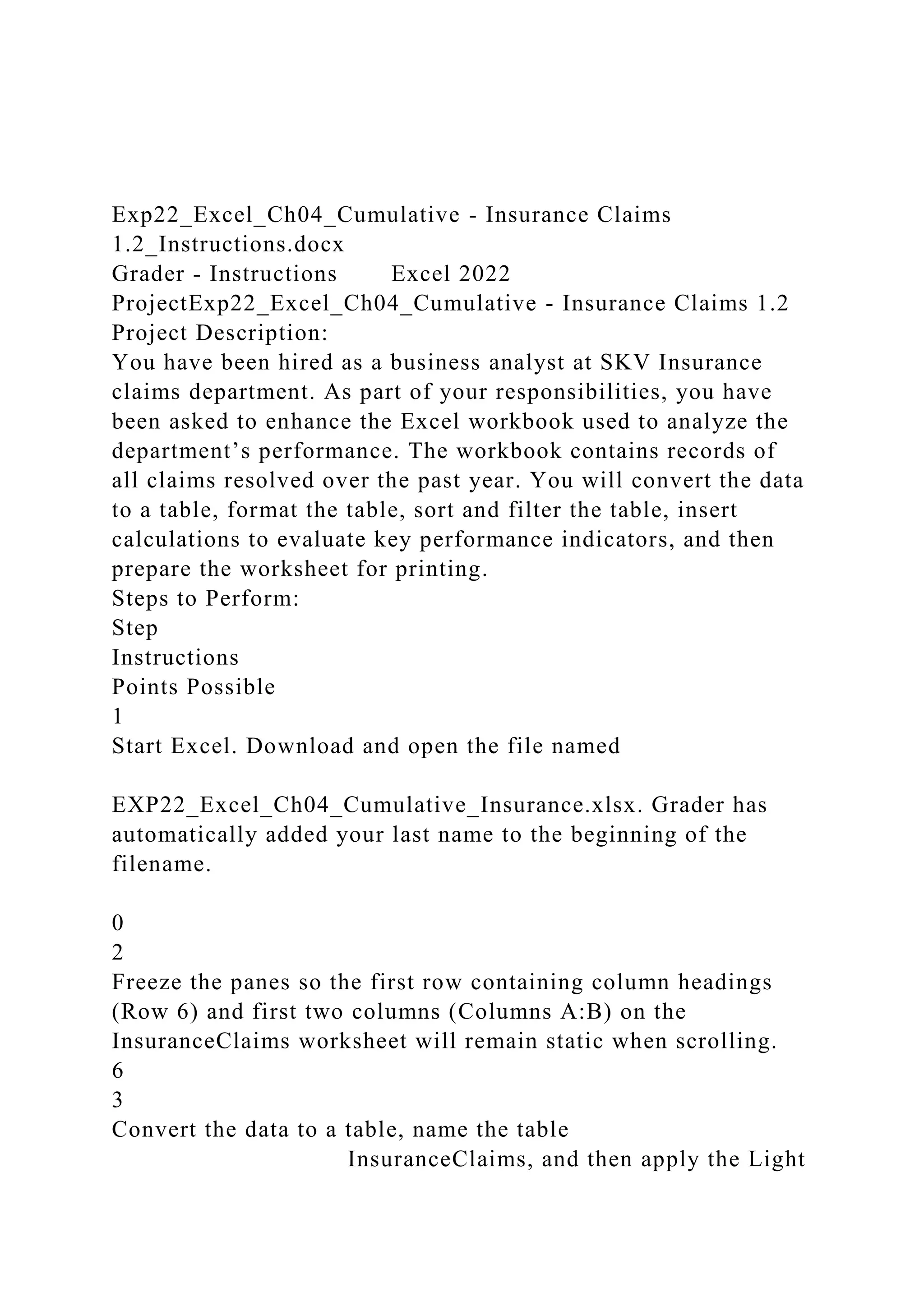 Exp22_Excel_Ch04_Cumulative - Insurance Claims 1.2_Instructions..docx