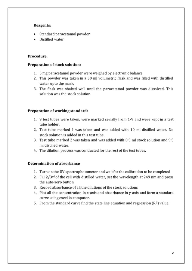 Construction Of Calibration Curve For Uv Spectroscopic Analysis Of Paracetamol Docx