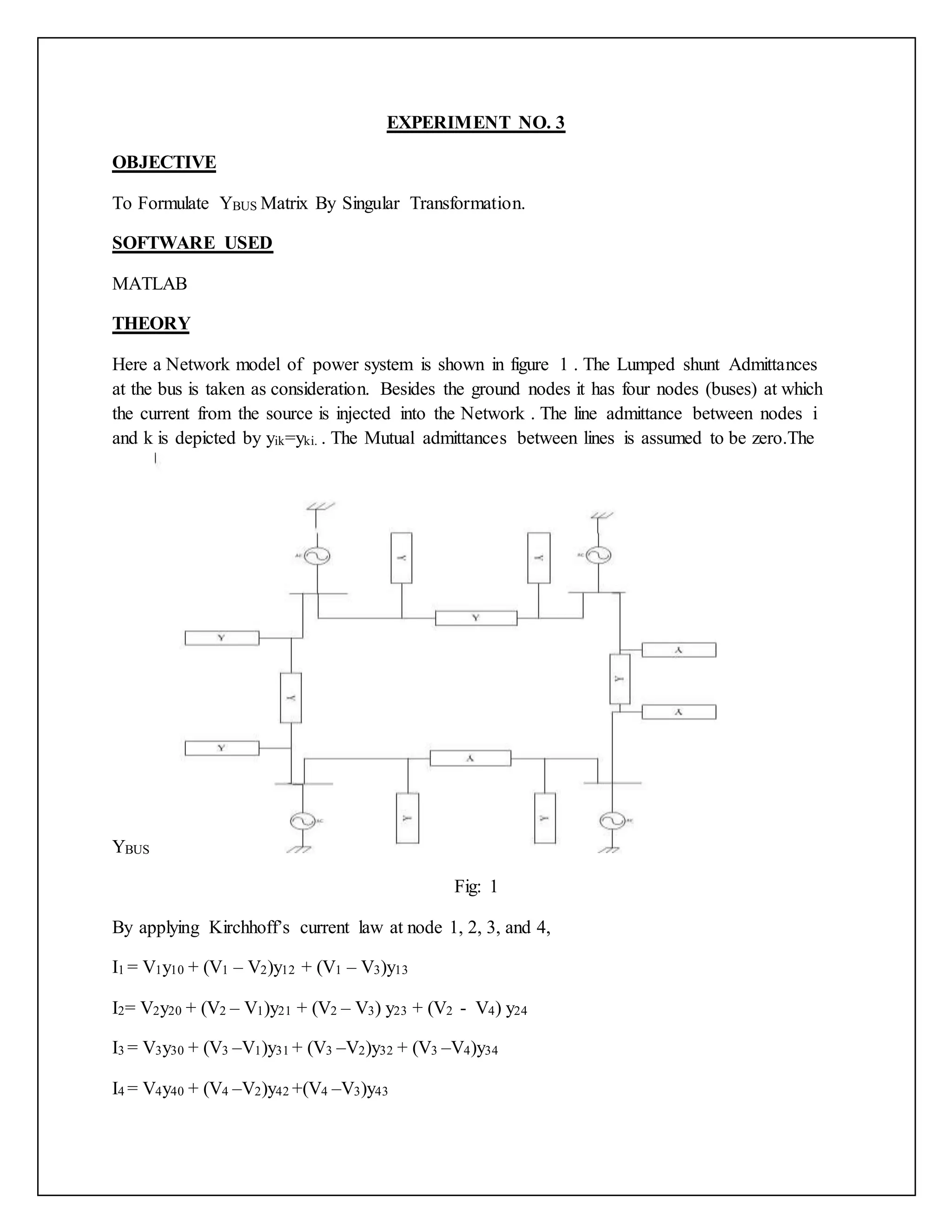 Exp 3 (1)3. To Formulate YBUS Matrix By Singular Transformation. | DOCX
