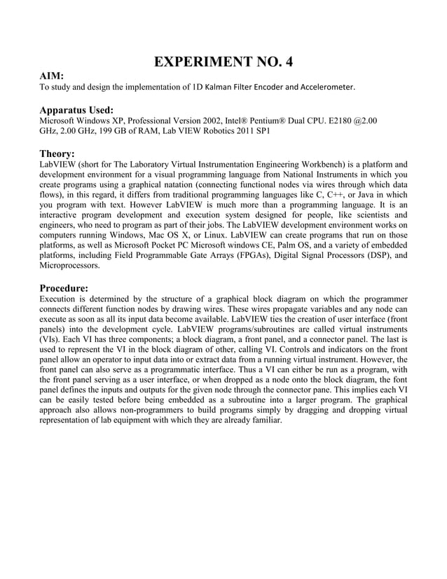 Design the implementation of 1D Kalman Filter Encoder and Accelerometer. | PDF | Operating ...